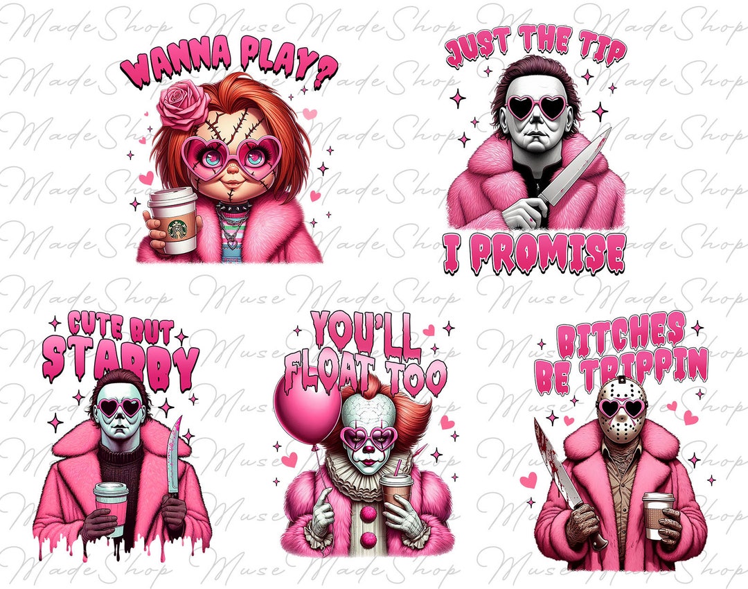 Pack 5 Pink Halloween Png, Horror Halloween Png, Pink Horror Characters ...
