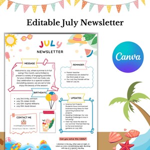 July Newsletter Template, Editable Newsletter, Monthly Newsletter ...