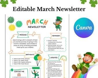 March Newsletter Template, Editable Newsletter, Monthly Newsletter ...