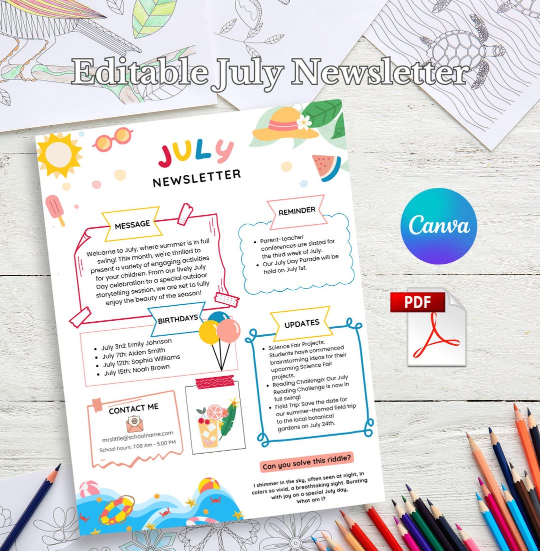 July Newsletter Template, Editable Newsletter, Monthly Newsletter ...