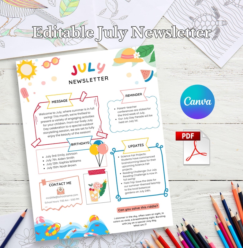 July Newsletter Template, Editable Newsletter, Monthly Newsletter ...