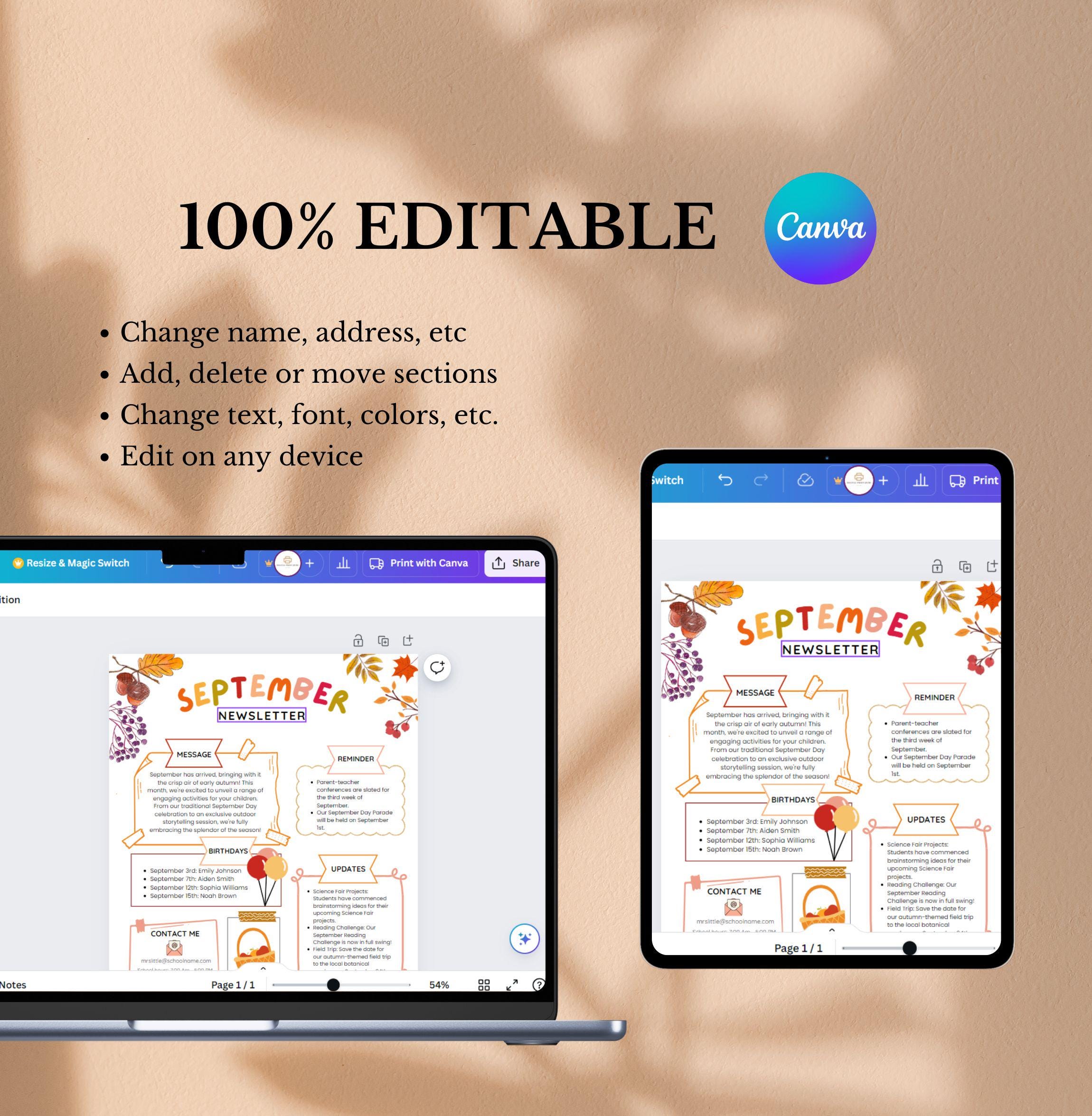 September Newsletter Template, Back to School Newsletter, Editable ...