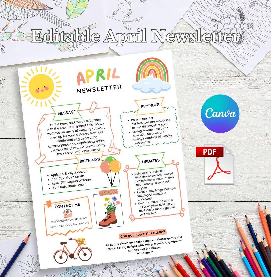 April Newsletter Template, Editable Newsletter, Monthly Newsletter ...