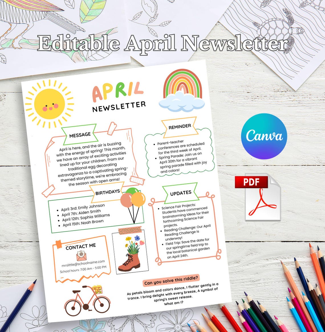 April Newsletter Template, Editable Newsletter, Monthly Newsletter ...