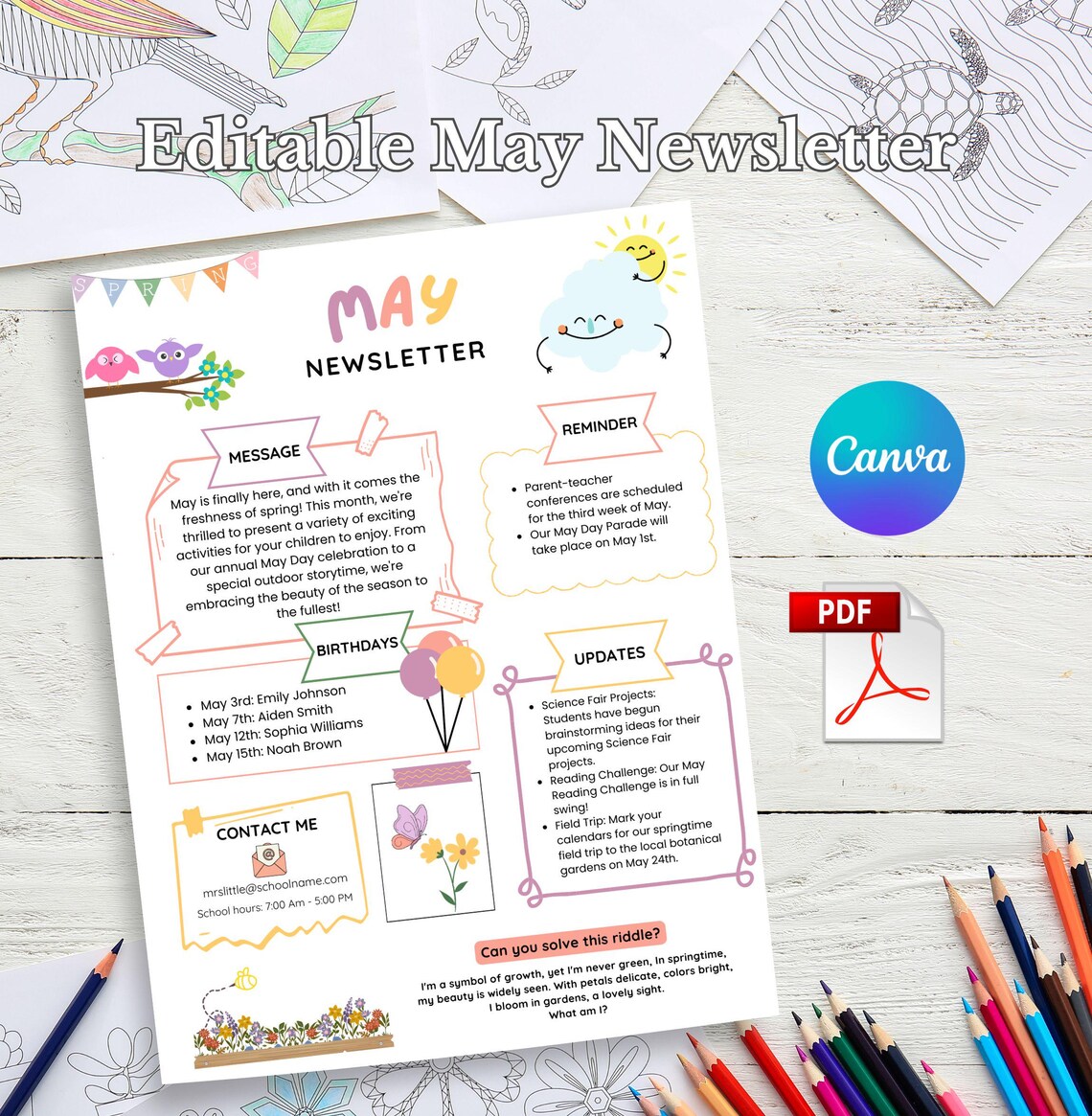 May Newsletter Template, Editable Newsletter, Monthly Newsletter ...