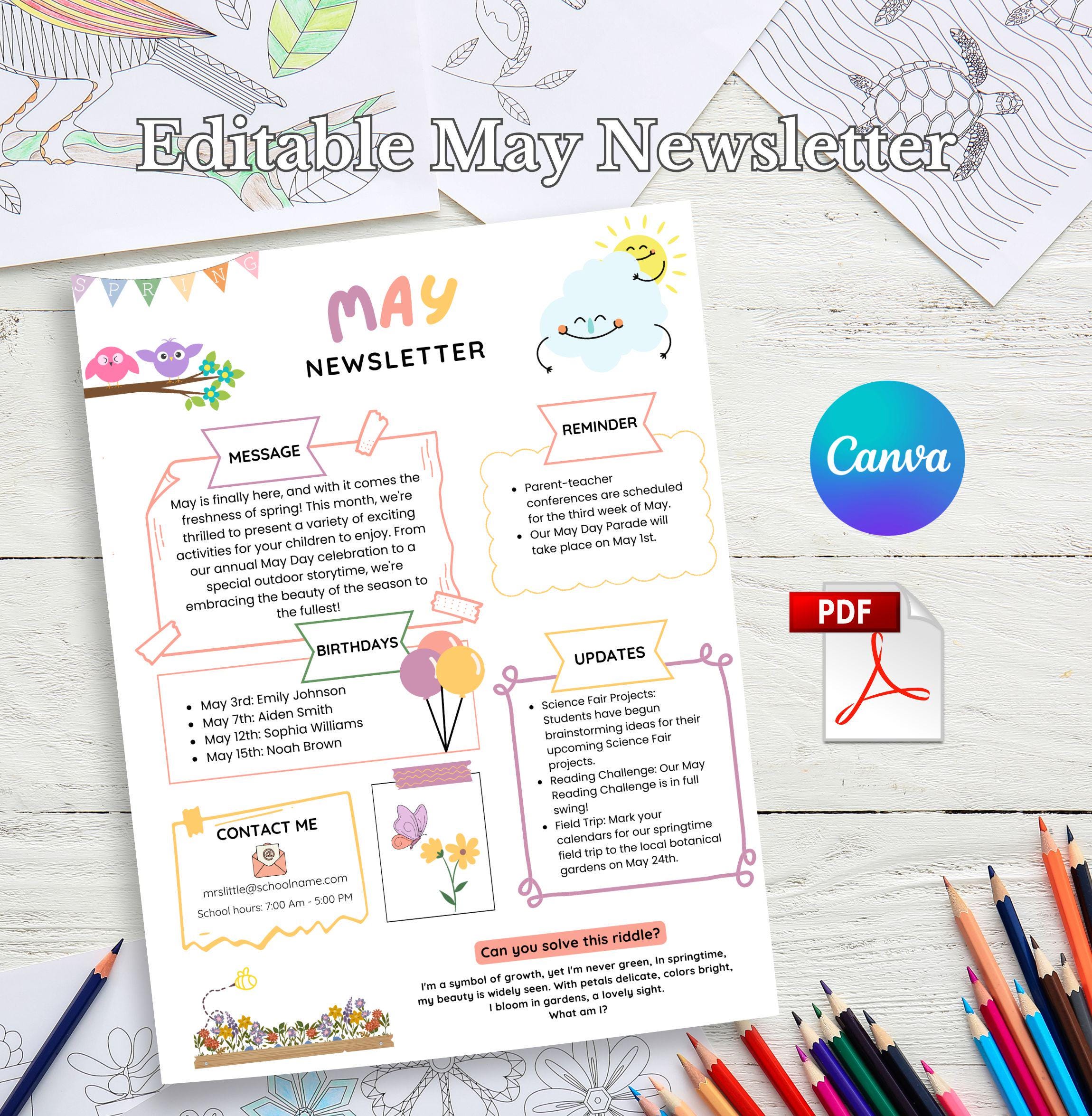 May Newsletter Template, Editable Newsletter, Monthly Newsletter ...