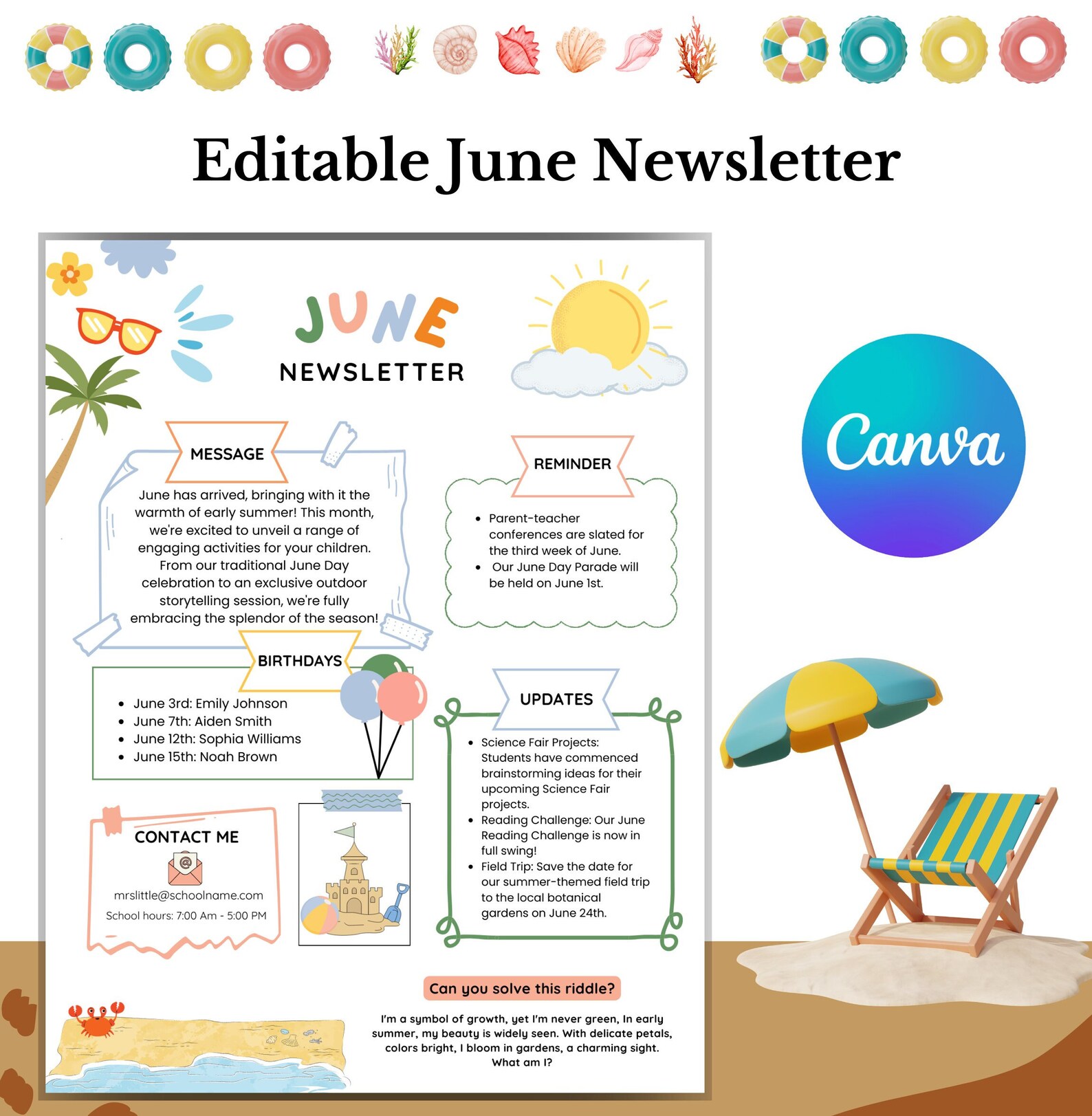 June Newsletter Template, Editable Newsletter, Monthly Newsletter ...