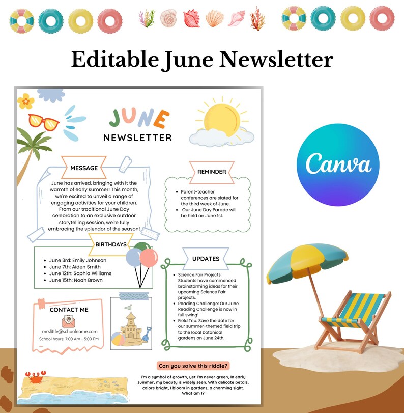 June Newsletter Template, Editable Newsletter, Monthly Newsletter ...