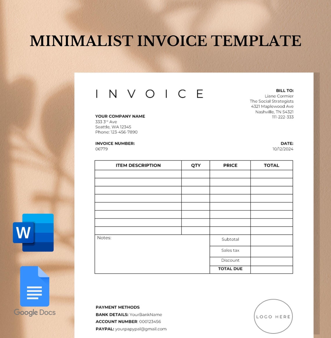 Minimalist Invoice Template Word, Small Business Invoice Editable ...