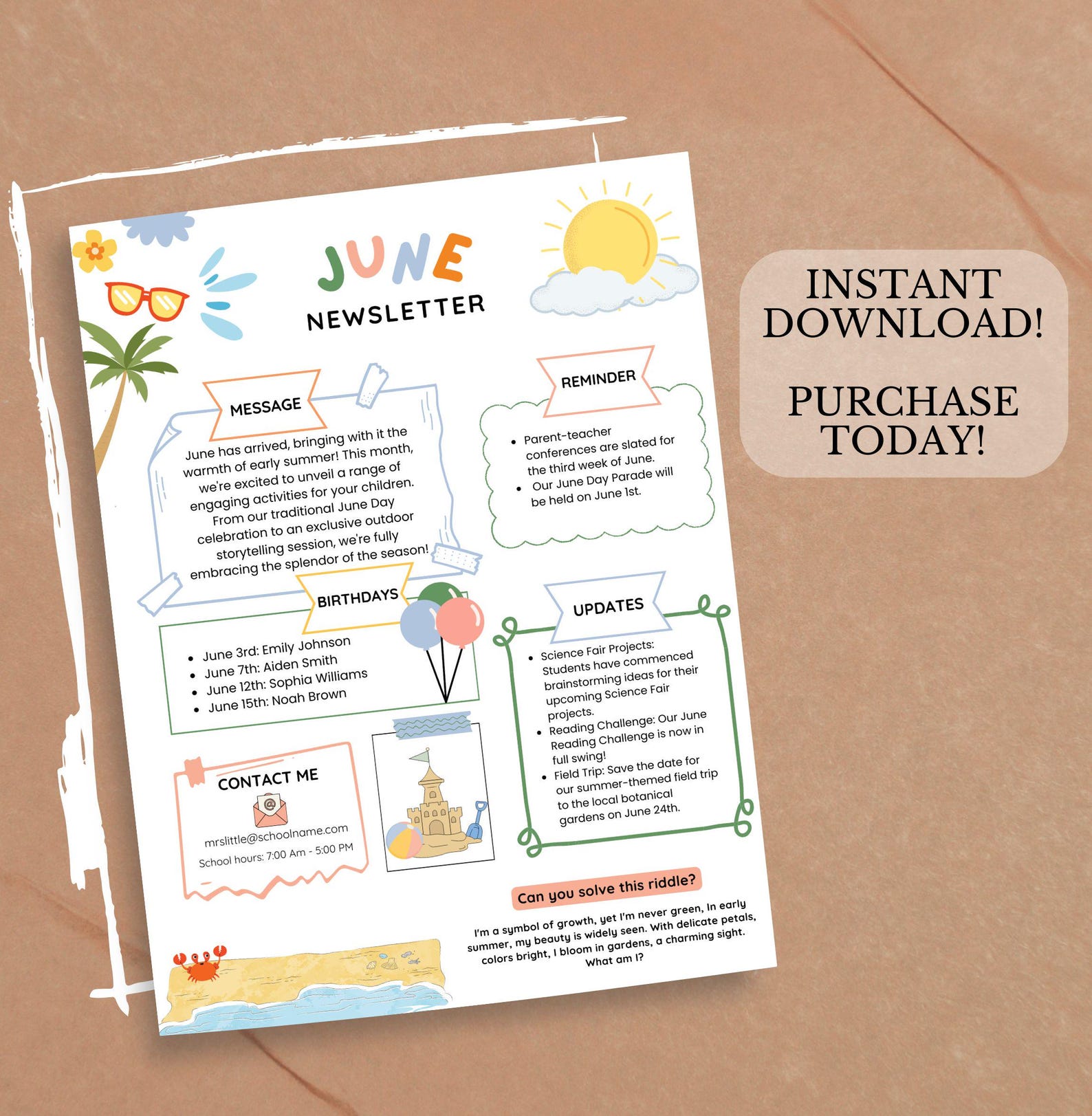 June Newsletter Template, Editable Newsletter, Monthly Newsletter ...