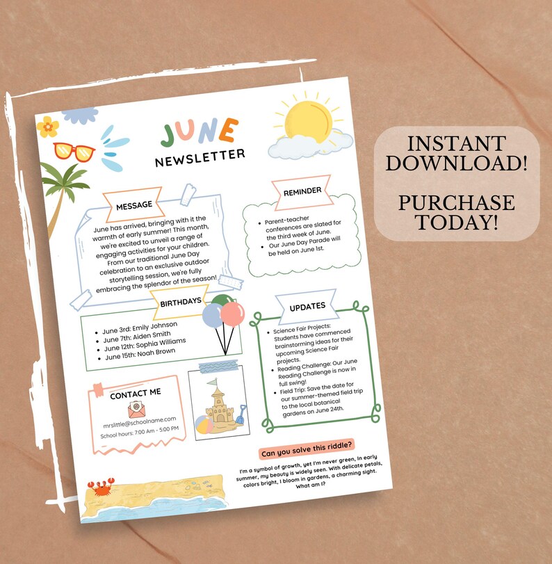 June Newsletter Template, Editable Newsletter, Monthly Newsletter ...