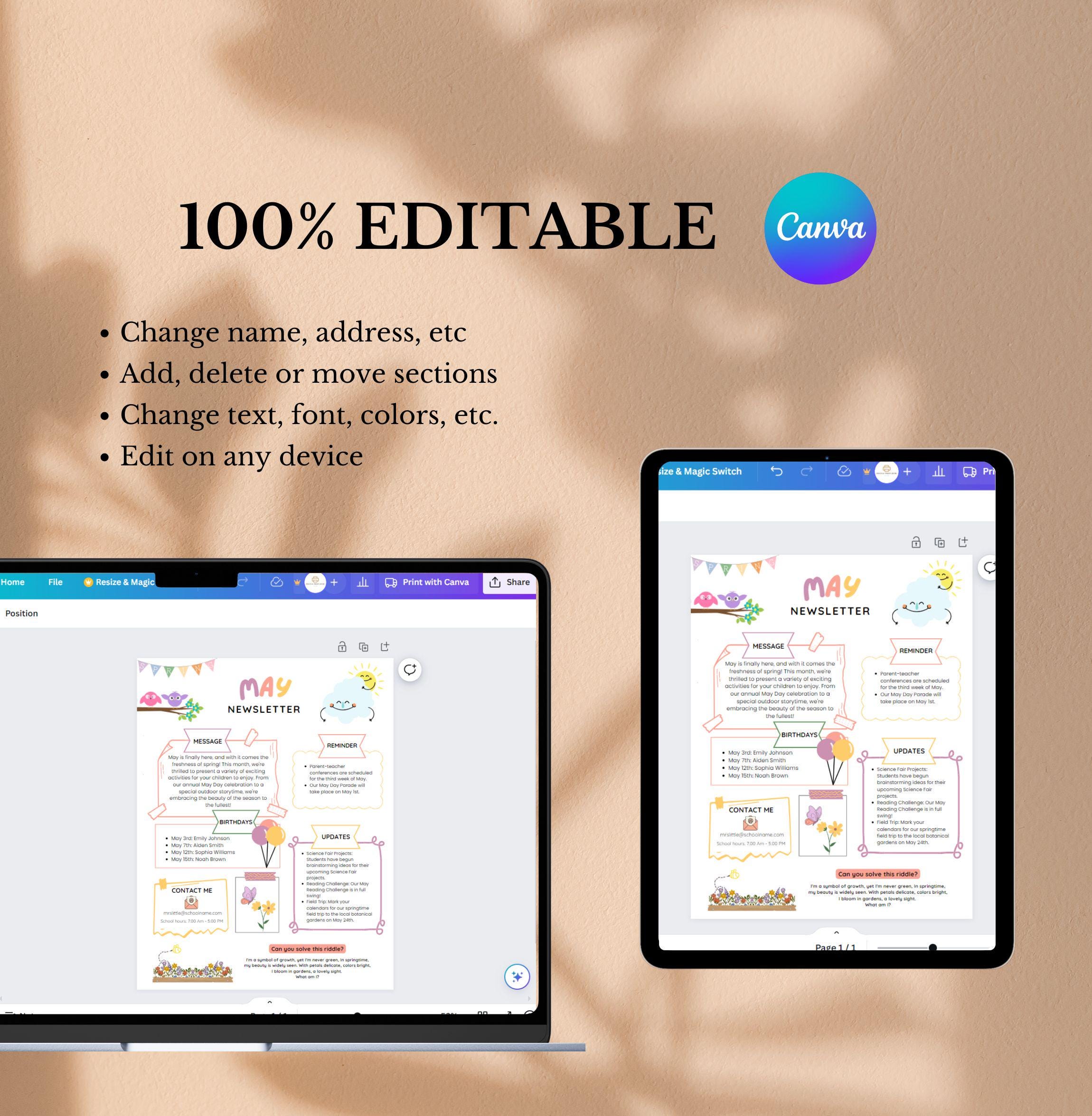 May Newsletter Template, Editable Newsletter, Monthly Newsletter ...