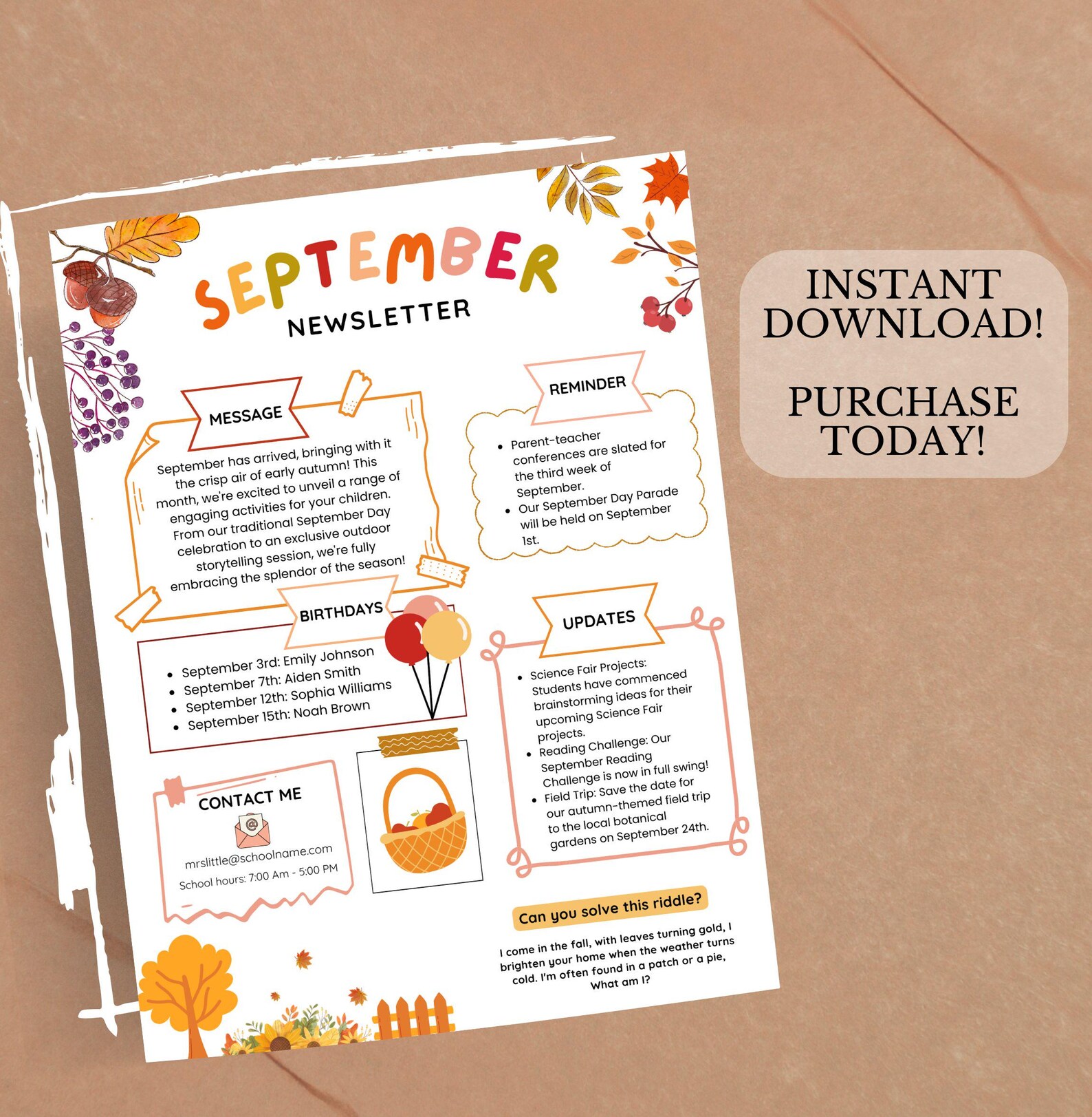 September Newsletter Template, Back to School Newsletter, Editable ...