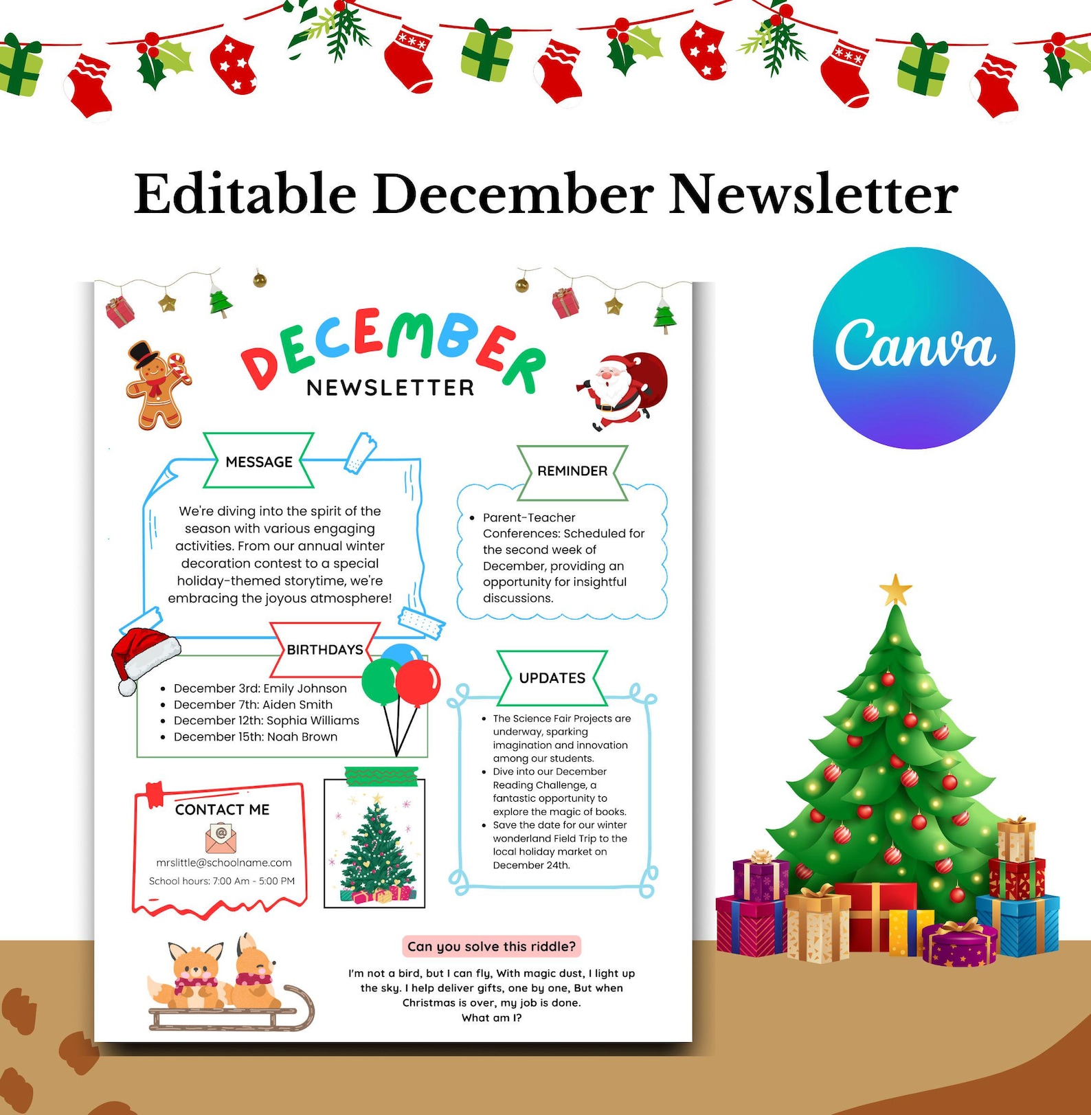 December Newsletter Template, Editable Newsletter, Monthly Newsletter, School Newsletter ...
