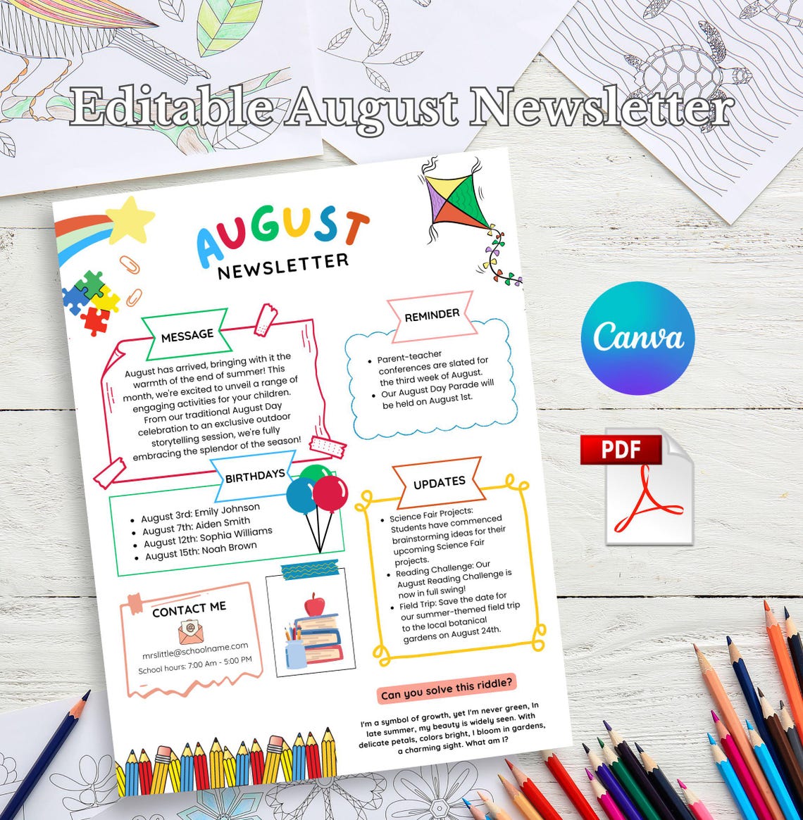 August Newsletter Template, Editable Newsletter, Monthly Newsletter ...