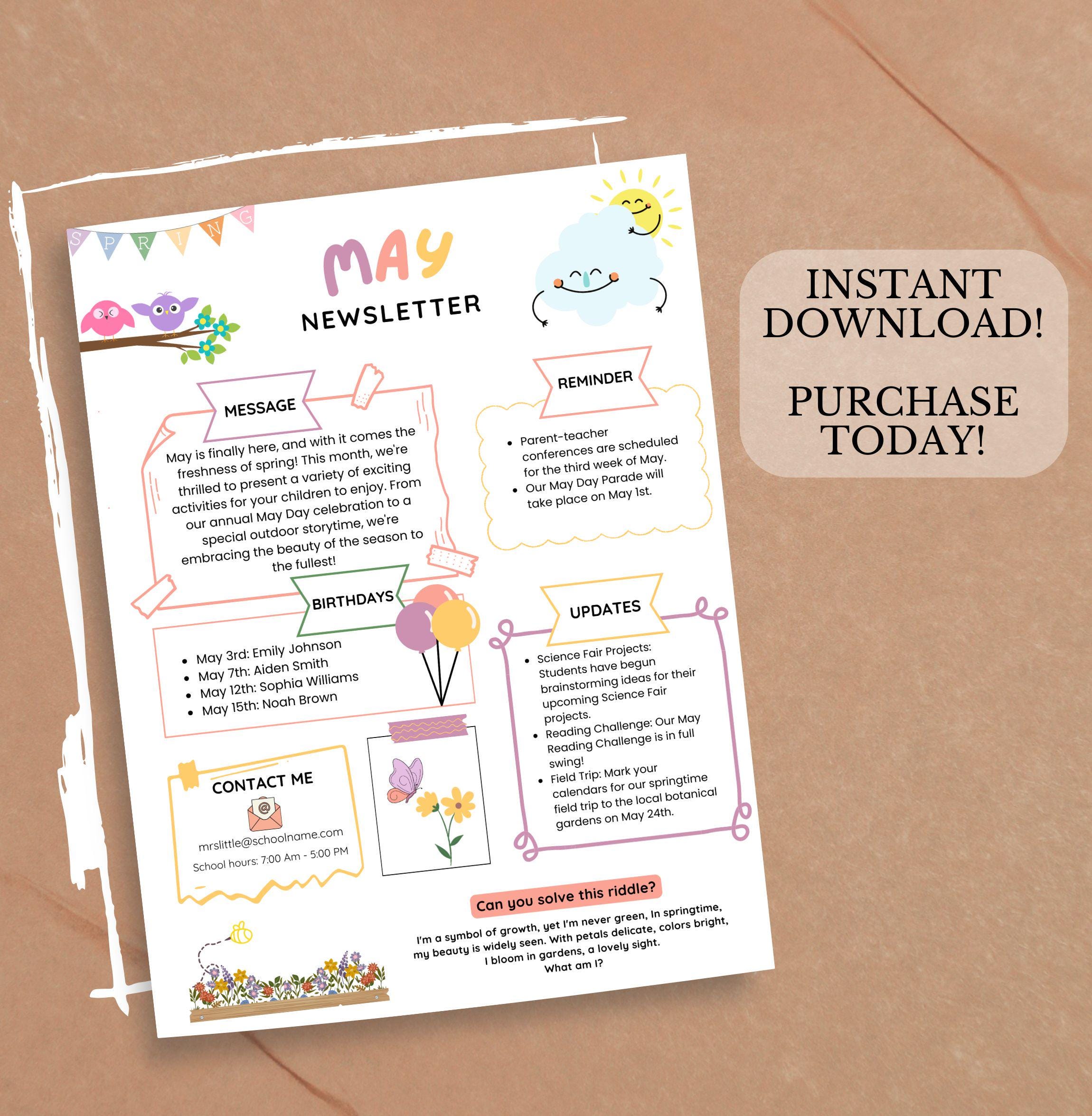 May Newsletter Template, Editable Newsletter, Monthly Newsletter ...