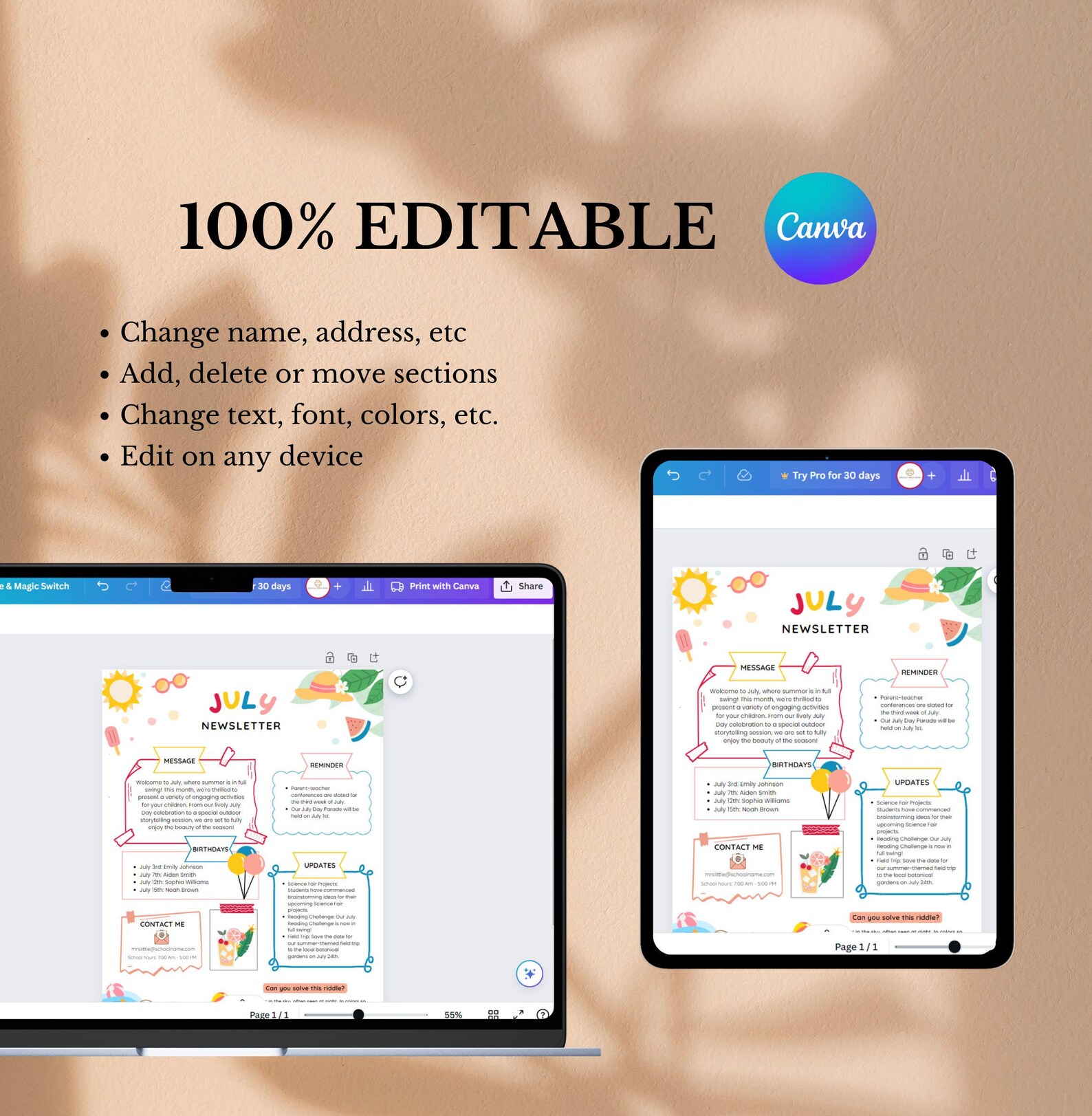 July Newsletter Template, Editable Newsletter, Monthly Newsletter ...