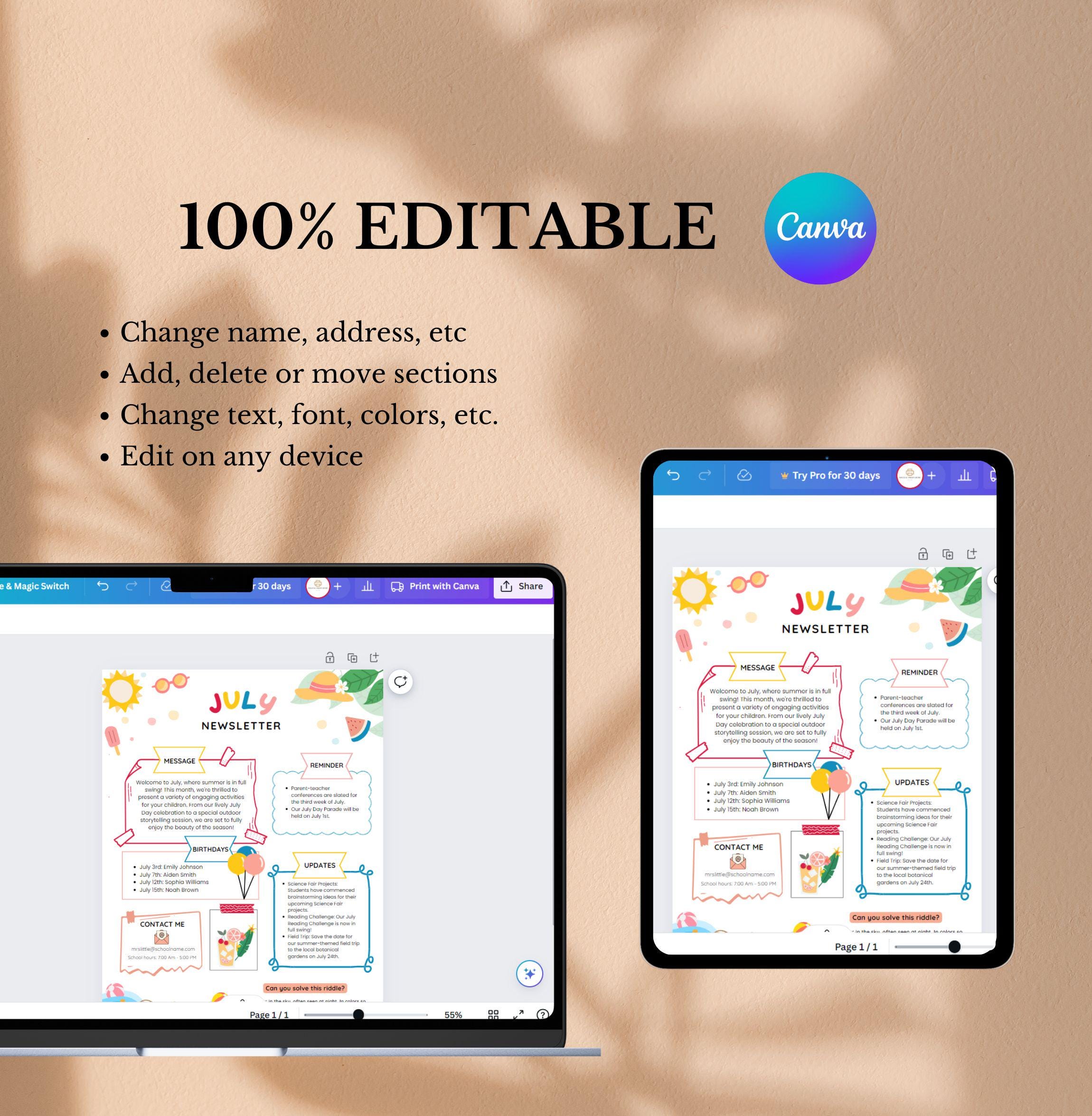 July Newsletter Template, Editable Newsletter, Monthly Newsletter ...