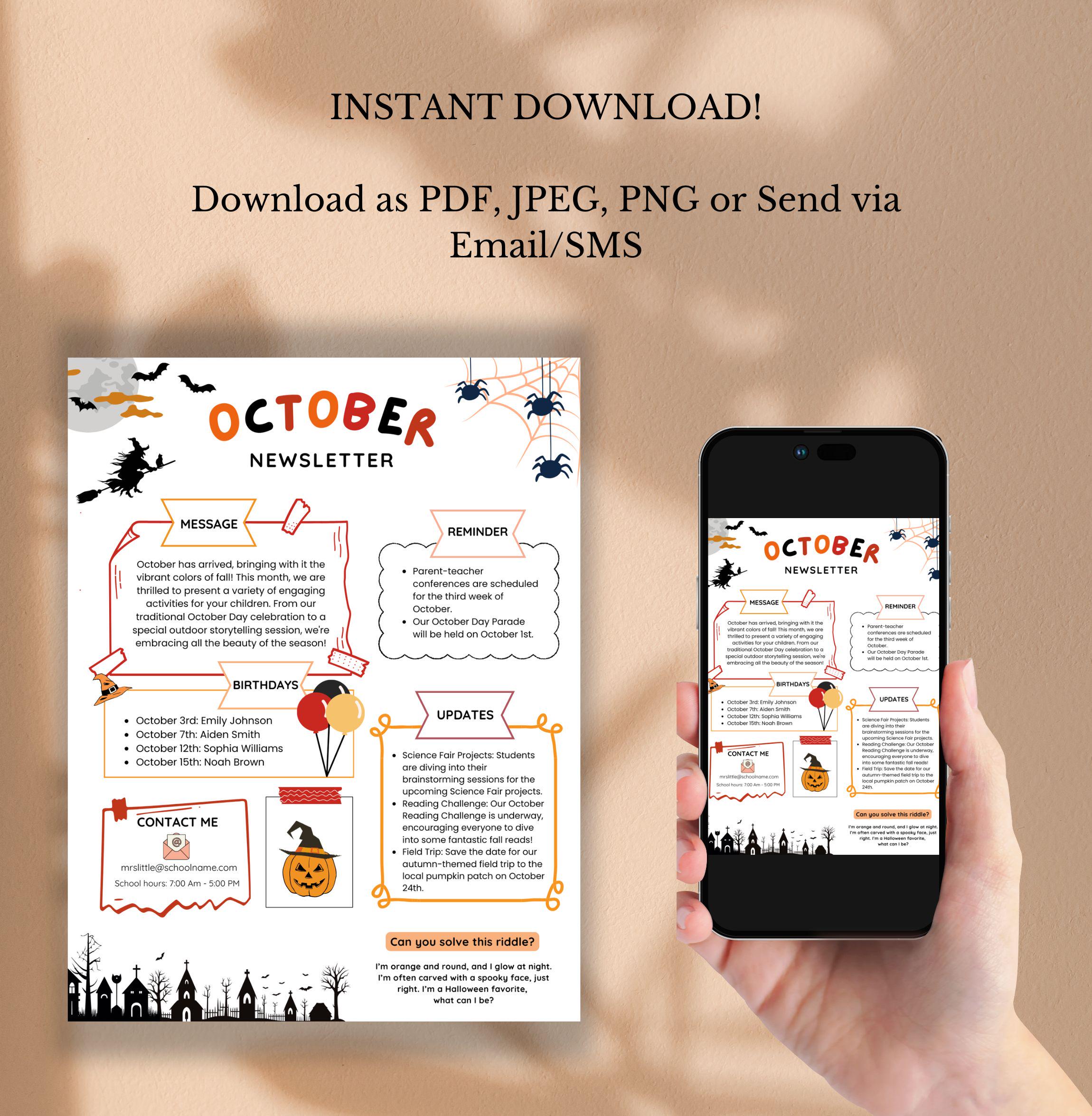 October Newsletter Template, Editable Newsletter, Monthly Newsletter ...