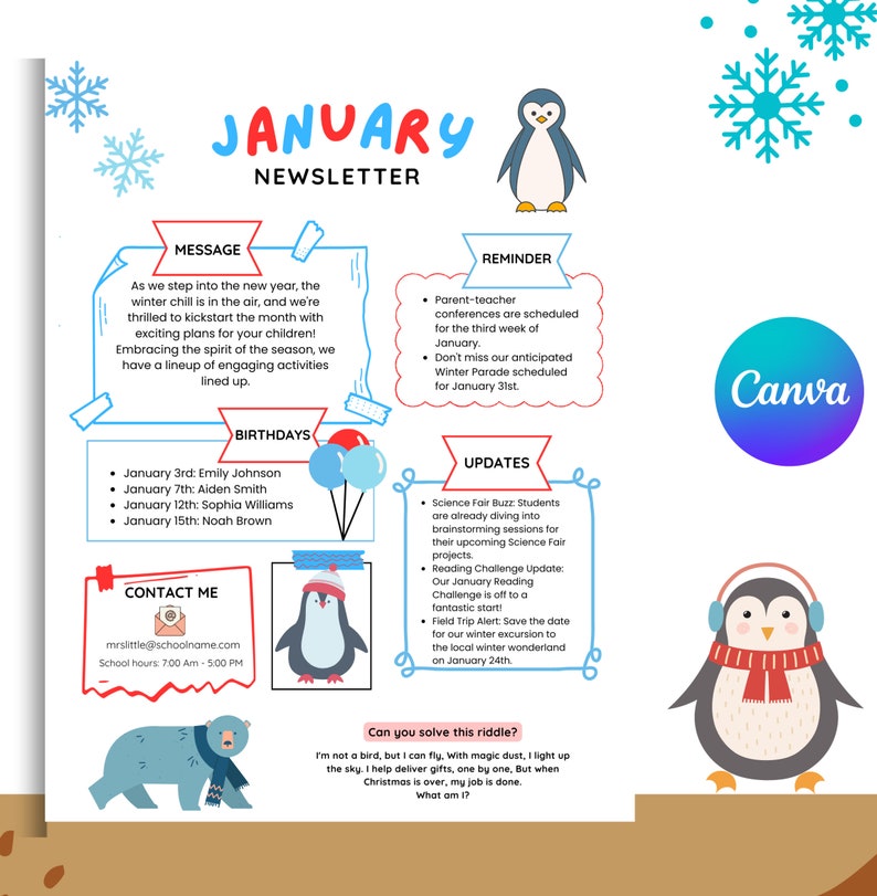January Newsletter Template, Editable Newsletter, Monthly Newsletter ...