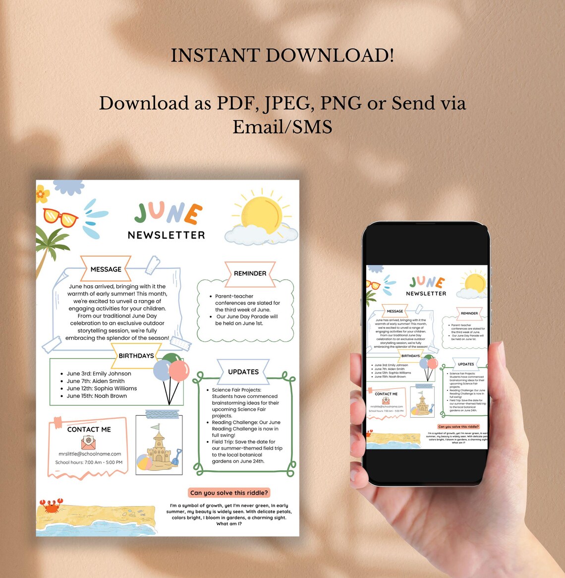 June Newsletter Template, Editable Newsletter, Monthly Newsletter ...