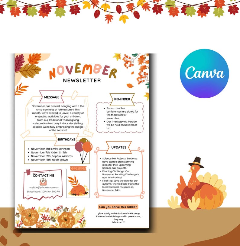 November Newsletter Template, Editable Newsletter, Monthly Newsletter ...