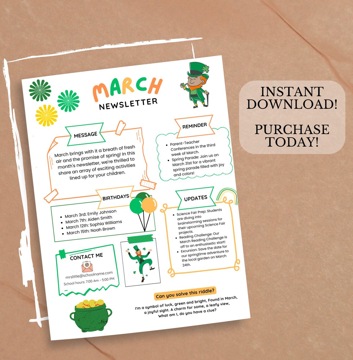 March Newsletter Template, Editable Newsletter, Monthly Newsletter ...
