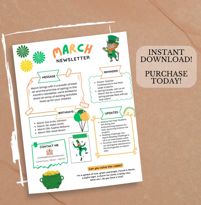 March Newsletter Template, Editable Newsletter, Monthly Newsletter ...