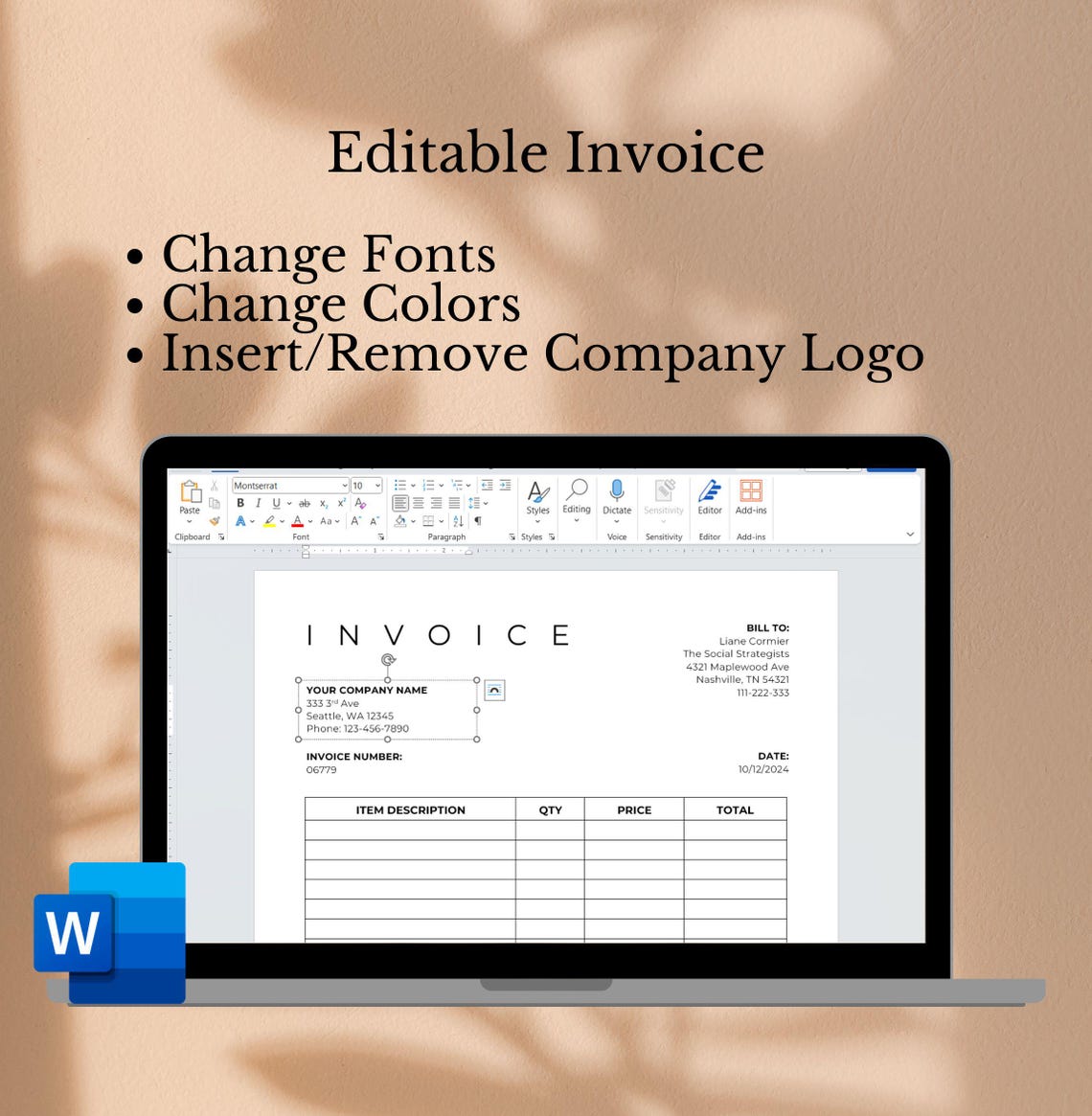 Minimalist Invoice Template Word, Small Business Invoice Editable ...