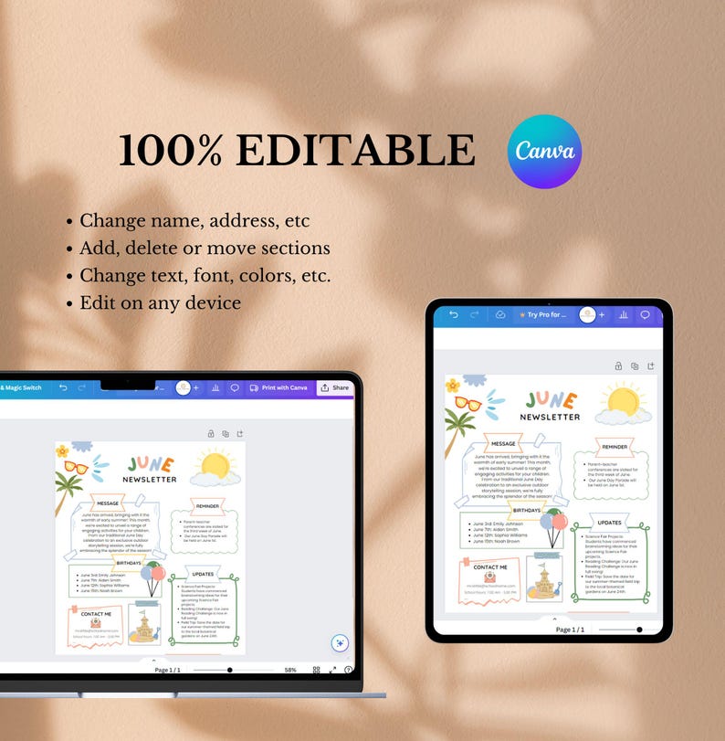 June Newsletter Template, Editable Newsletter, Monthly Newsletter ...
