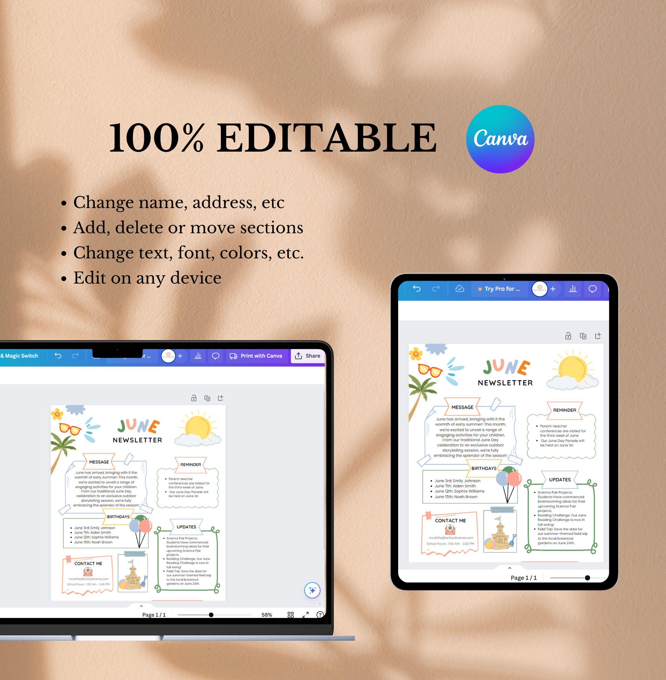 June Newsletter Template, Editable Newsletter, Monthly Newsletter ...