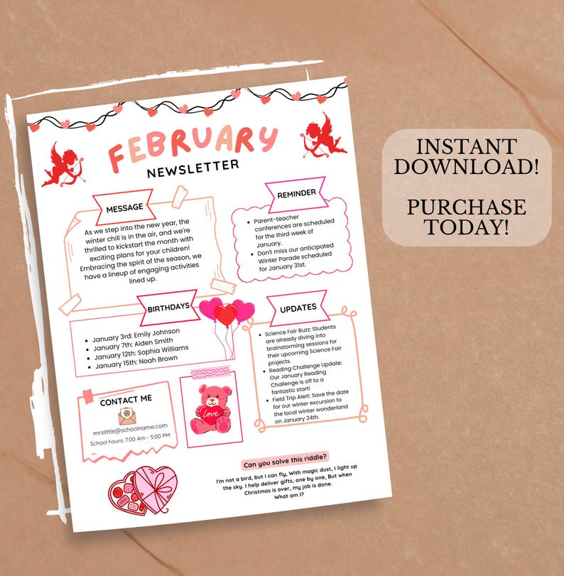 February Newsletter Template, Editable Newsletter, Monthly Newsletter ...