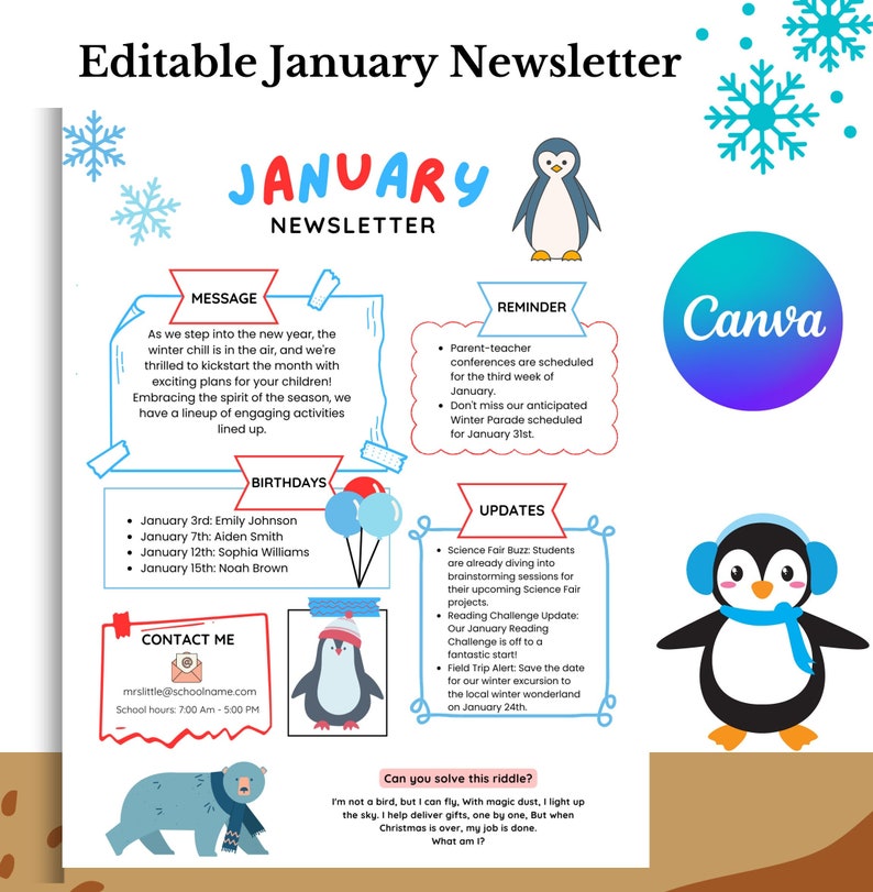 January Newsletter Template, Editable Newsletter, Monthly Newsletter ...