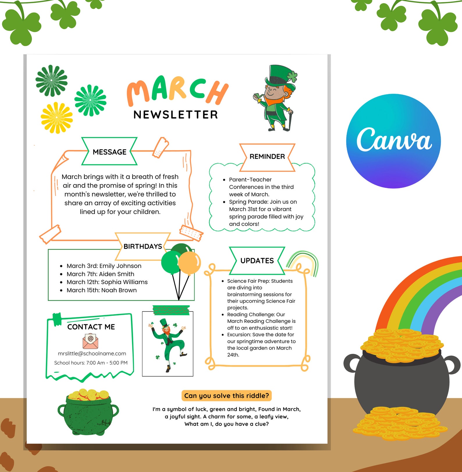March Newsletter Template, Editable Newsletter, Monthly Newsletter ...