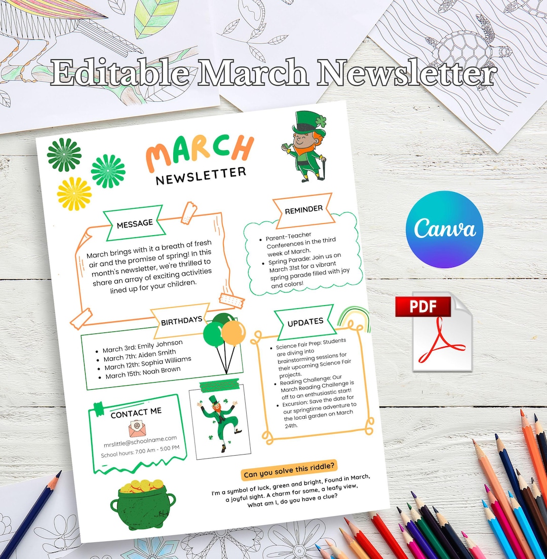 March Newsletter Template, Editable Newsletter, Monthly Newsletter ...