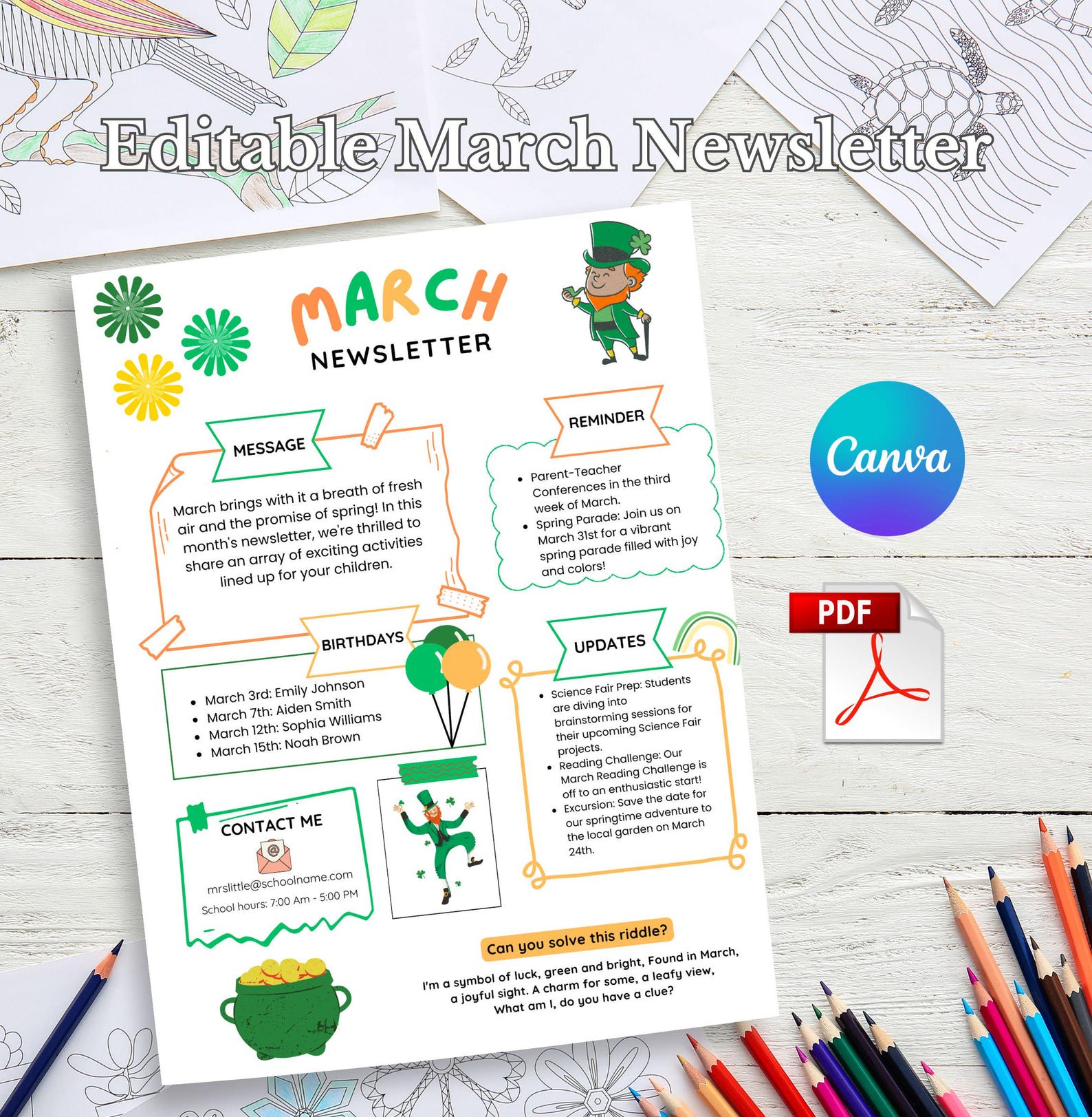 March Newsletter Template, Editable Newsletter, Monthly Newsletter ...