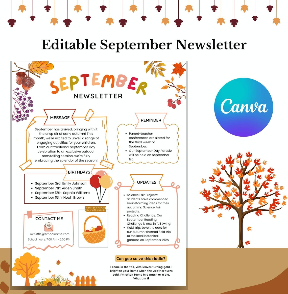 September Newsletter Template, Editable Newsletter, Monthly Newsletter ...