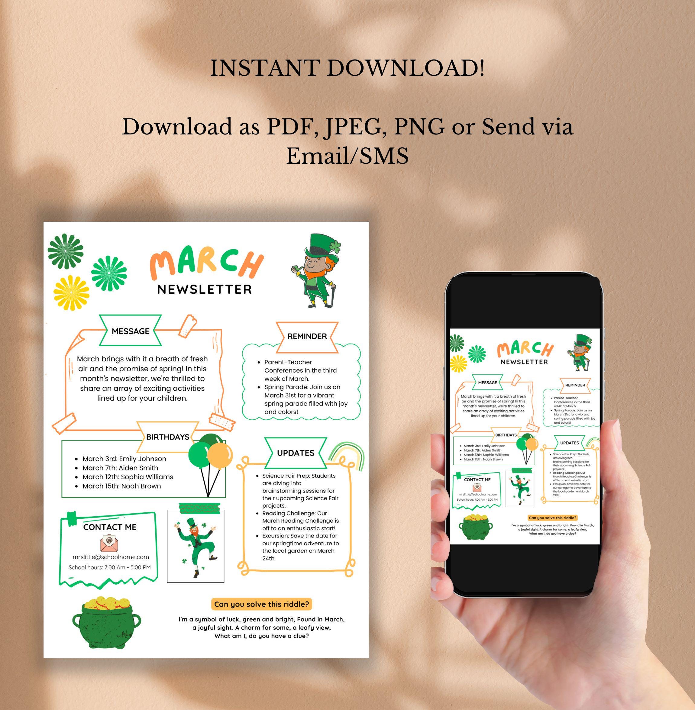 March Newsletter Template, Editable Newsletter, Monthly Newsletter ...