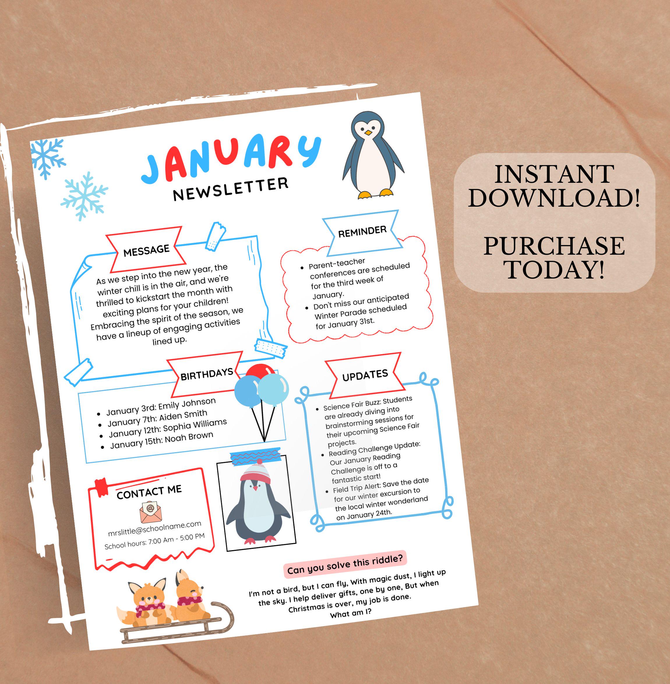 January Newsletter Template, Editable Newsletter, Monthly Newsletter ...