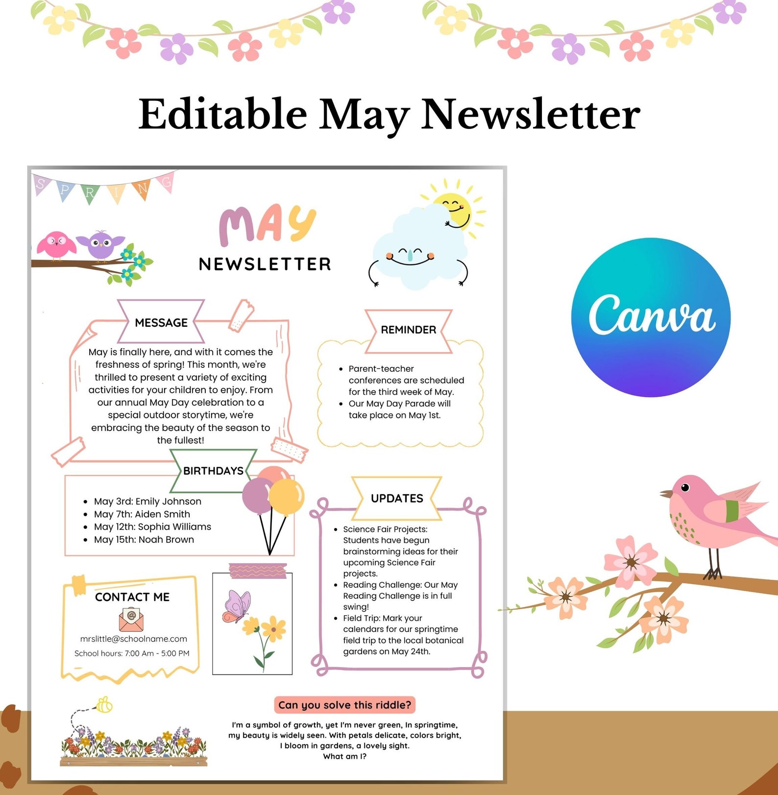 May Newsletter Template, Editable Newsletter, Monthly Newsletter ...