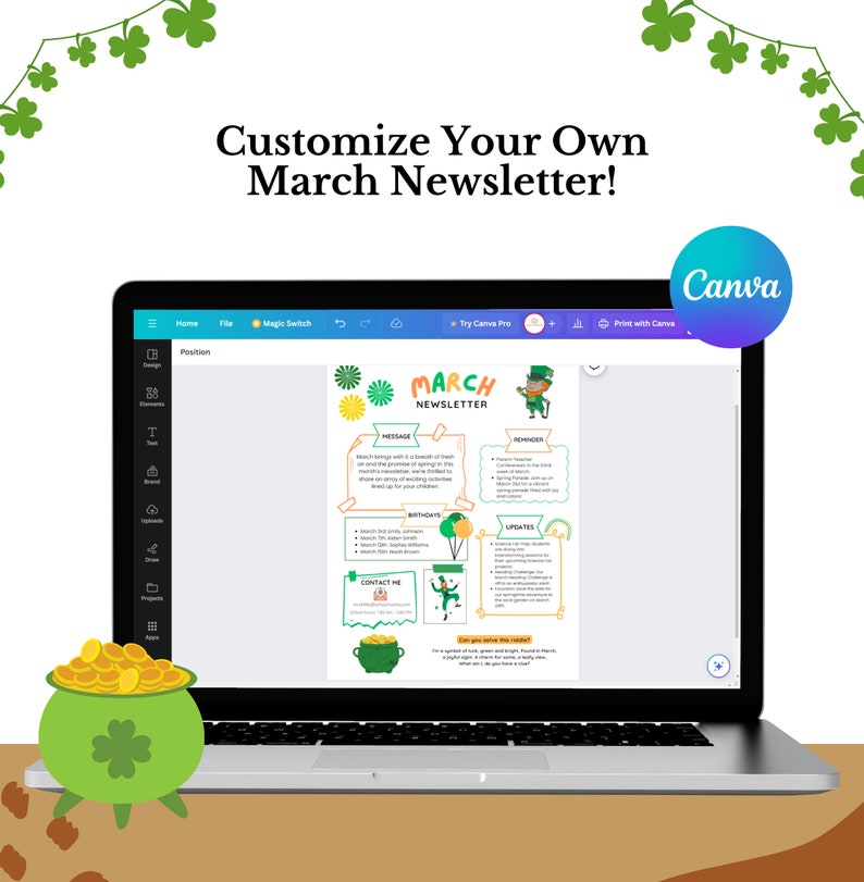 March Newsletter Template, Editable Newsletter, Monthly Newsletter ...