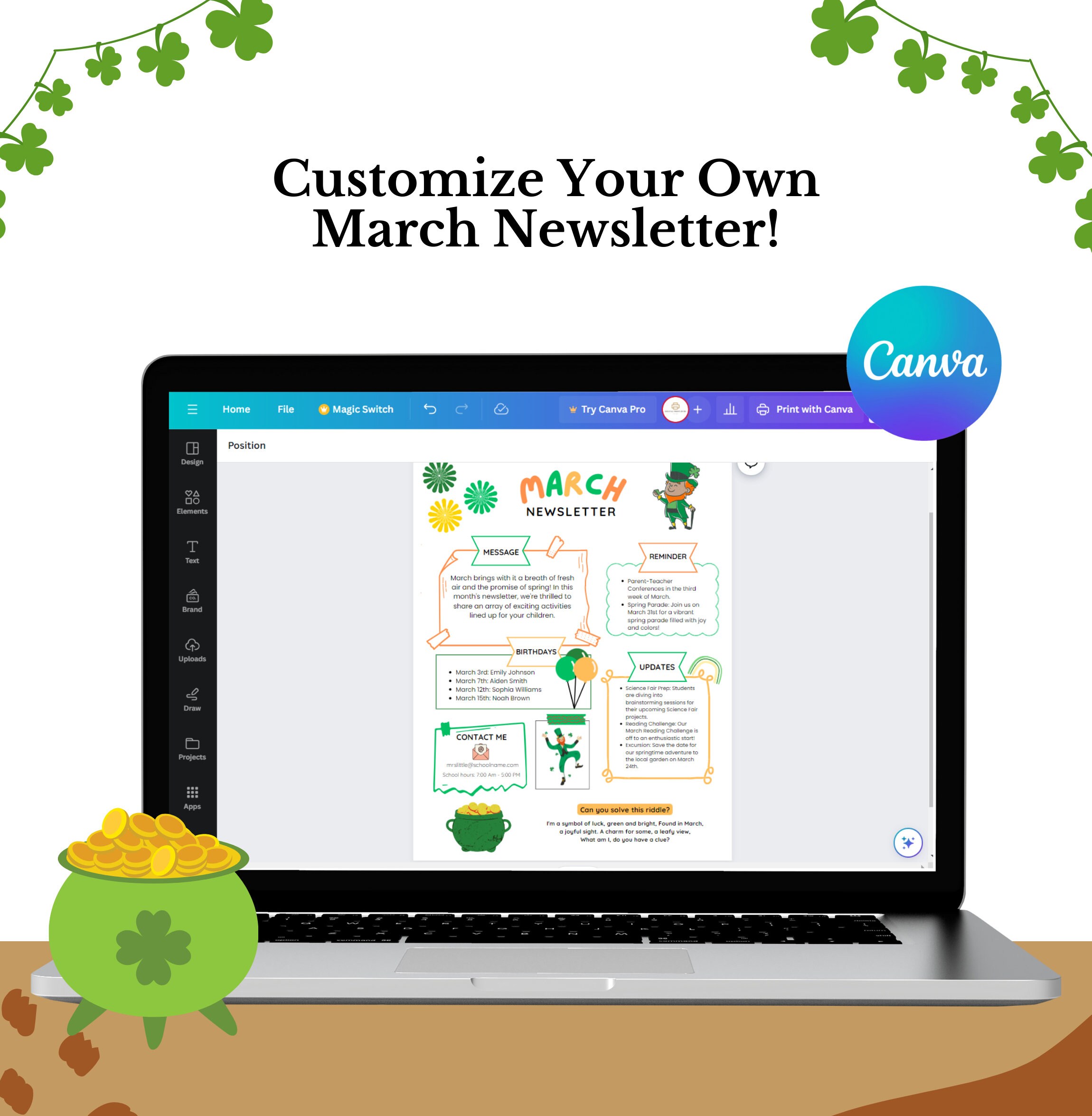 March Newsletter Template, Editable Newsletter, Monthly Newsletter ...