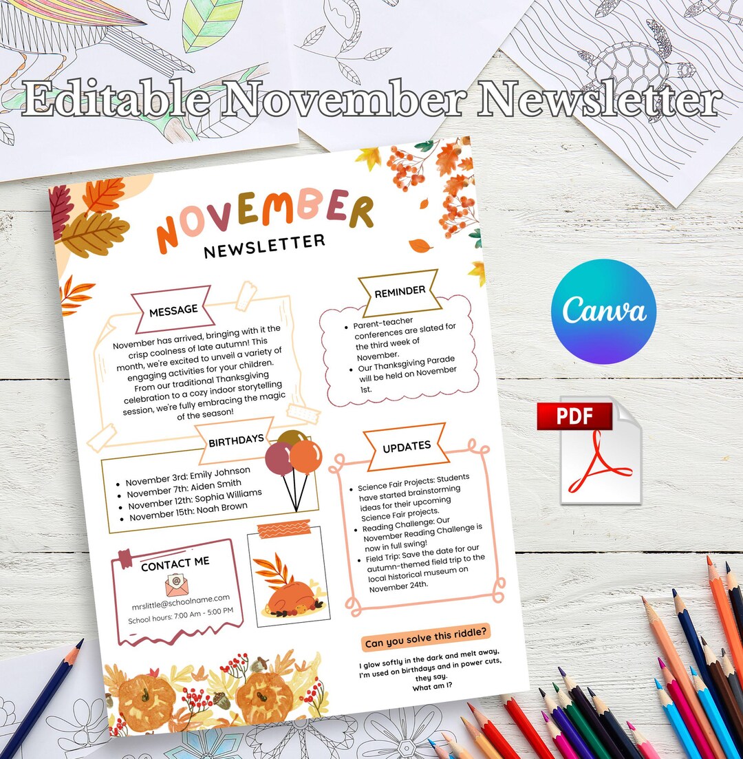 November Newsletter Template, Editable Newsletter, Monthly Newsletter ...