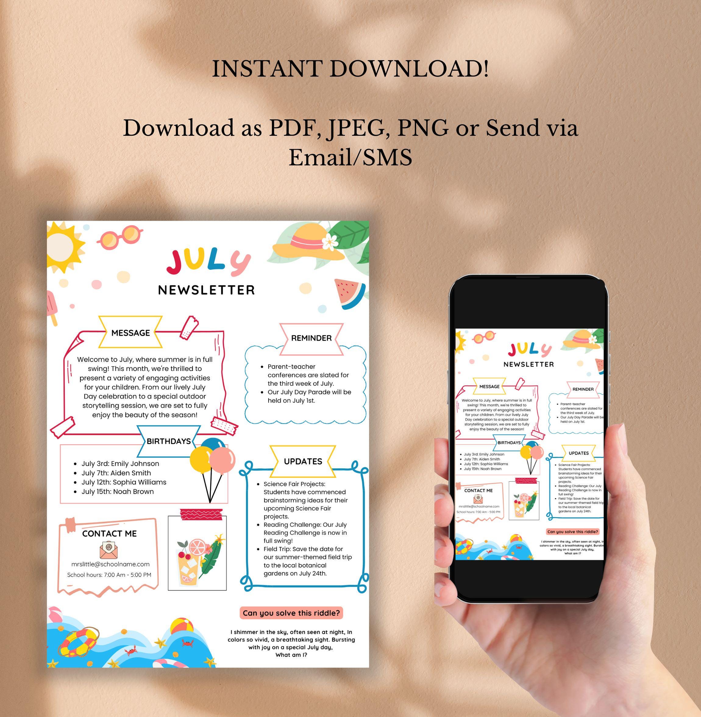 July Newsletter Template, Editable Newsletter, Monthly Newsletter ...