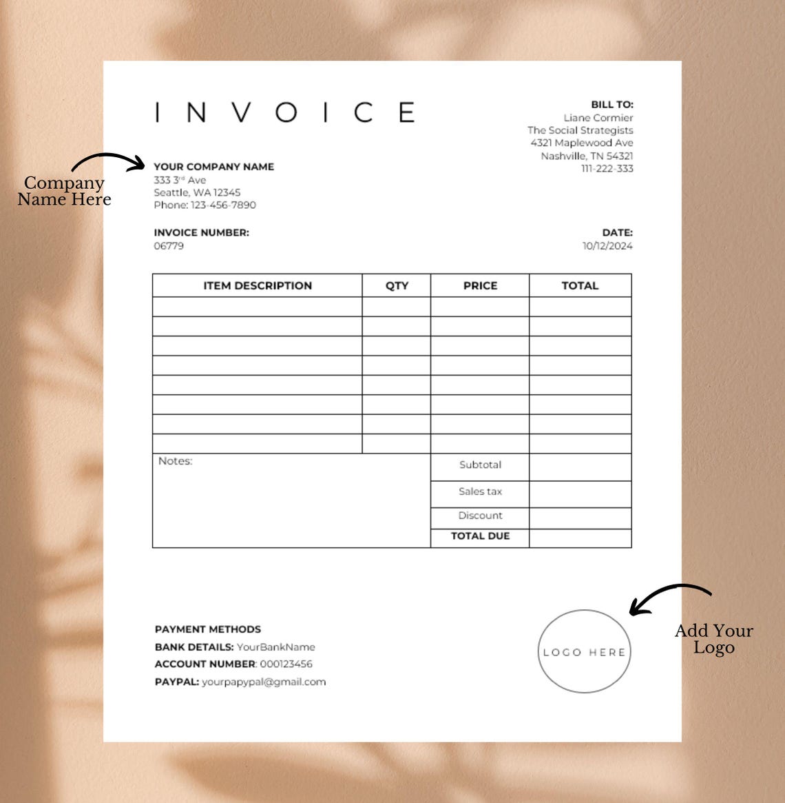 Minimalist Invoice Template Word, Small Business Invoice Editable ...