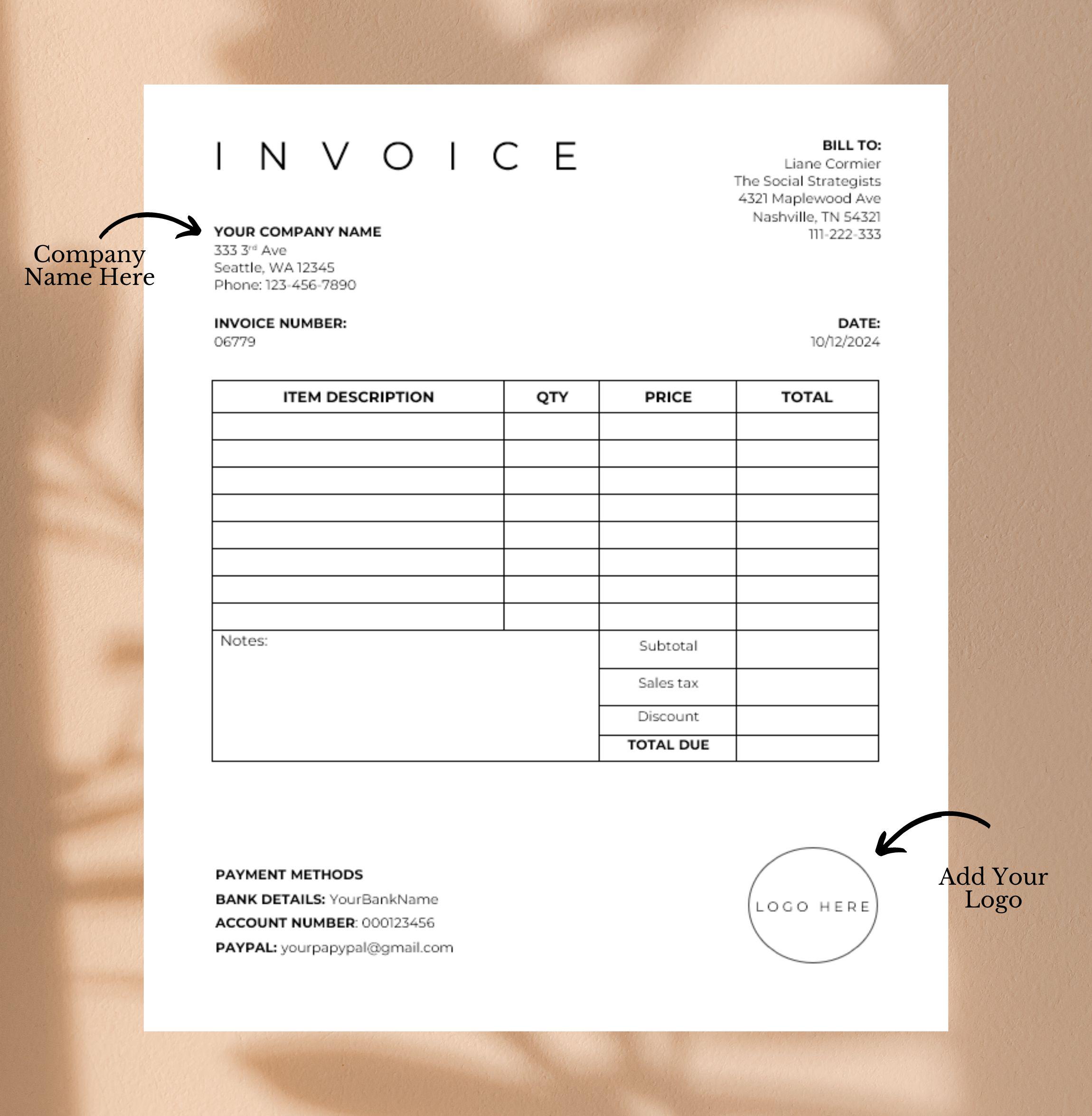 Minimalist Invoice Template Word, Small Business Invoice Editable ...