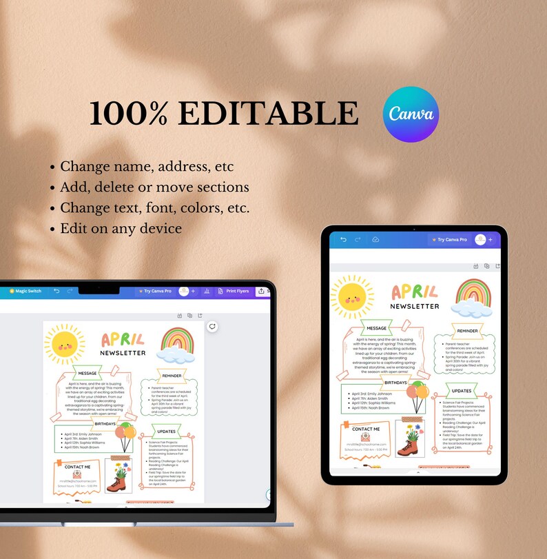 April Newsletter Template, Editable Newsletter, Monthly Newsletter ...