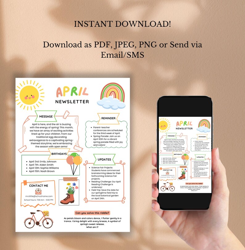 April Newsletter Template, Editable Newsletter, Monthly Newsletter ...