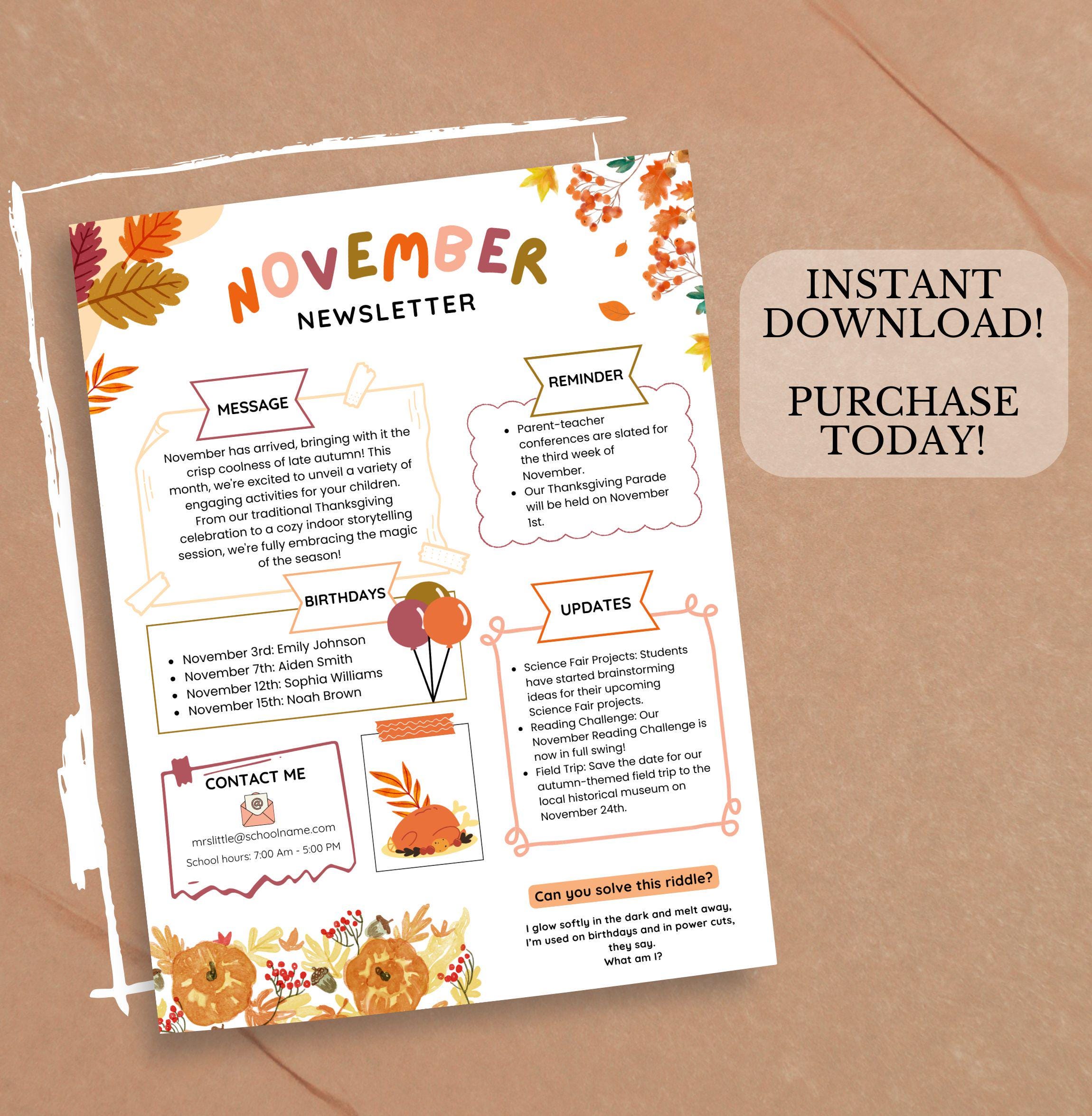 November Newsletter Template, Editable Newsletter, Monthly Newsletter ...