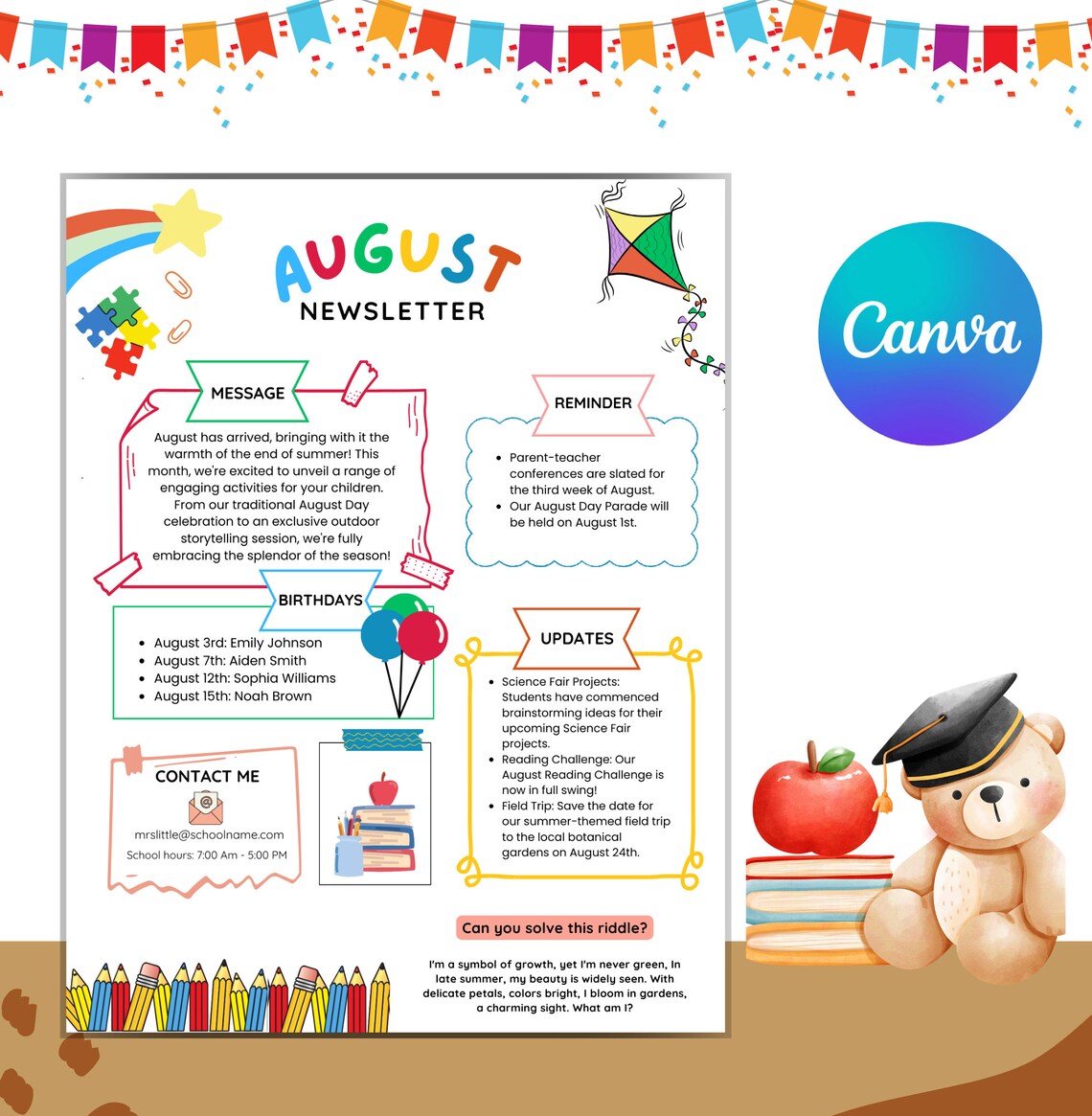 August Newsletter Template, Editable Newsletter, Monthly Newsletter ...